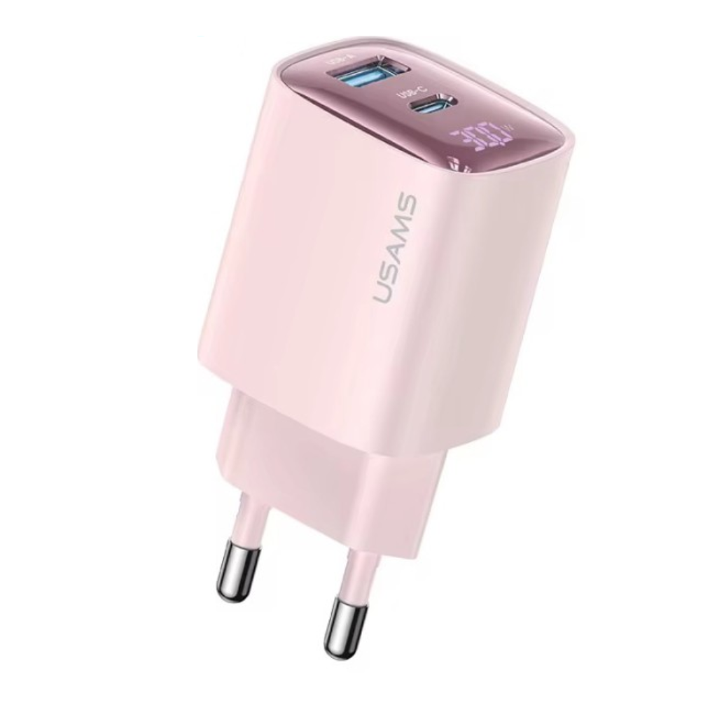 Cargador Pared 30W USB A + USB C GaN Carga Rápida Rosado CC229 USAMS