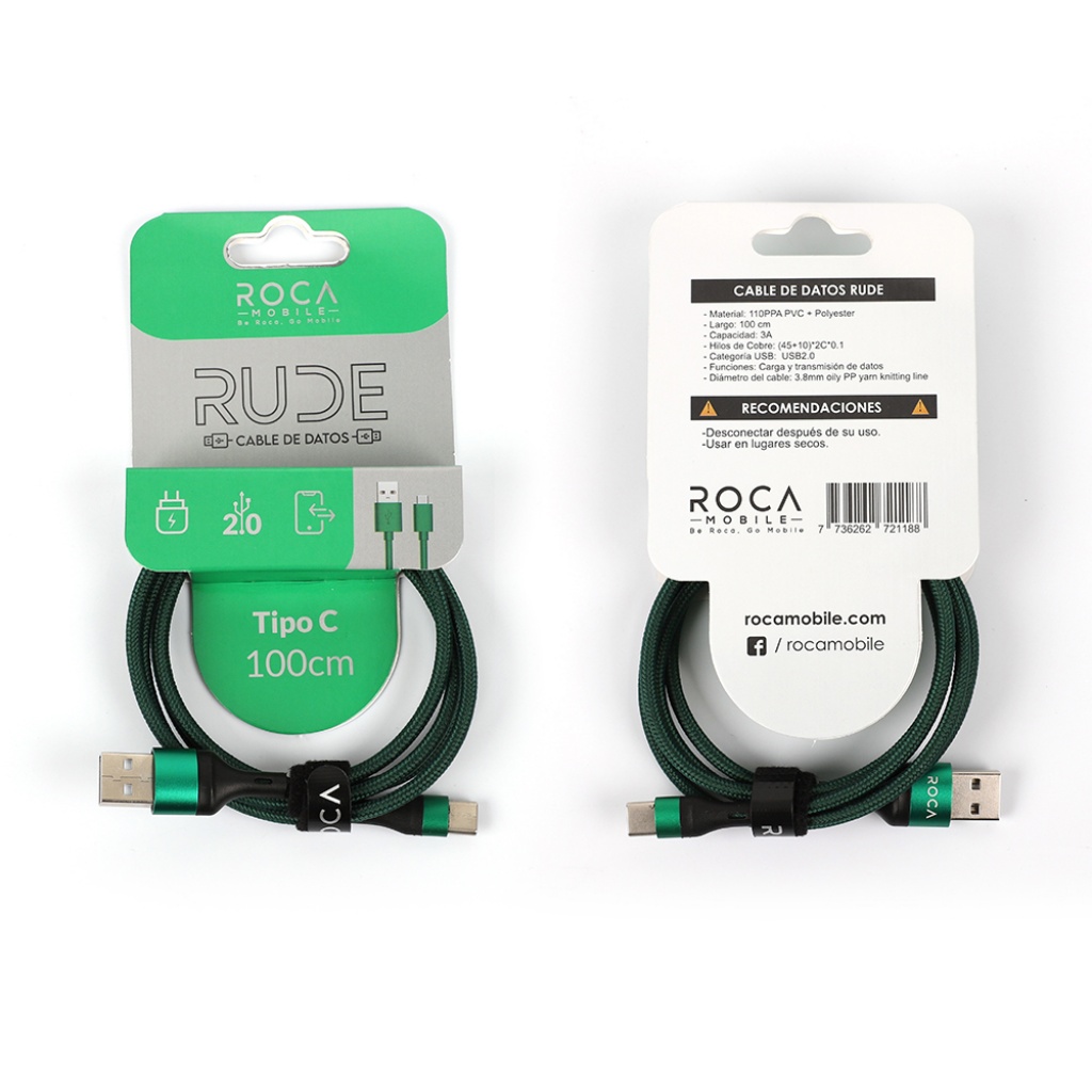Cable de Datos ROCA RUDE USB A a USB C 100cm 3A Verde 721188