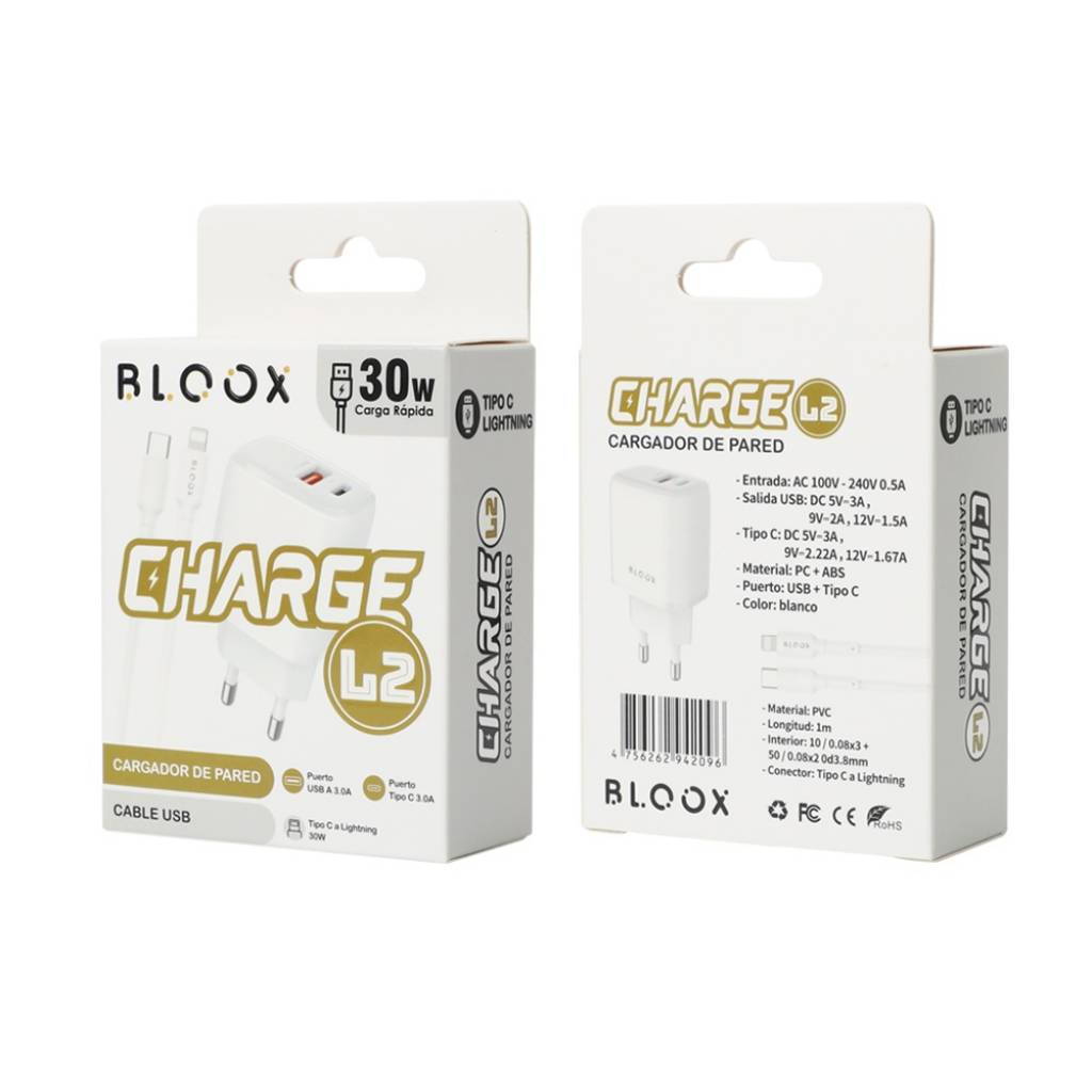 Cargador BLOOX A+C 3A Cable Tipo C a Lightning 30W (BL-TCA-L2)