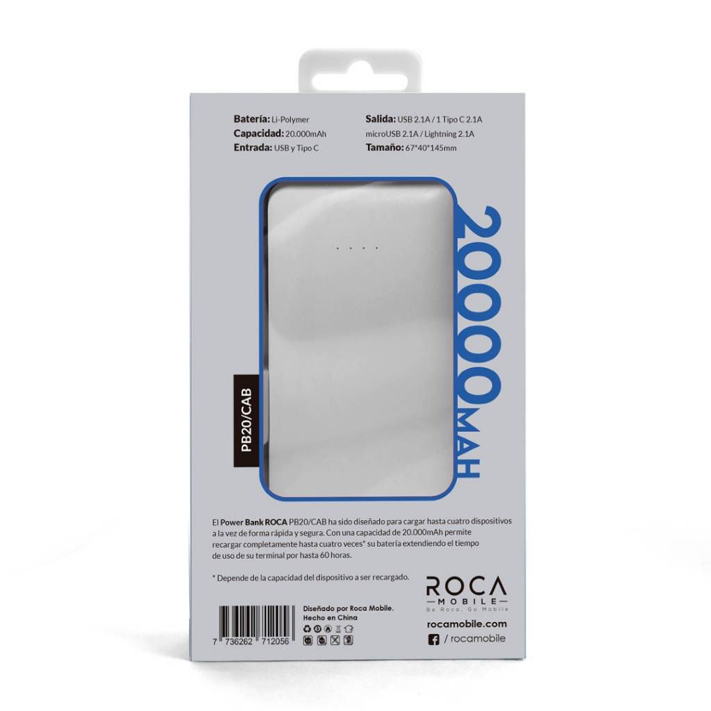 Power Bank ROCA PB20/CAB 20.000mAh Cables Incorporados Entrada: USB ...
