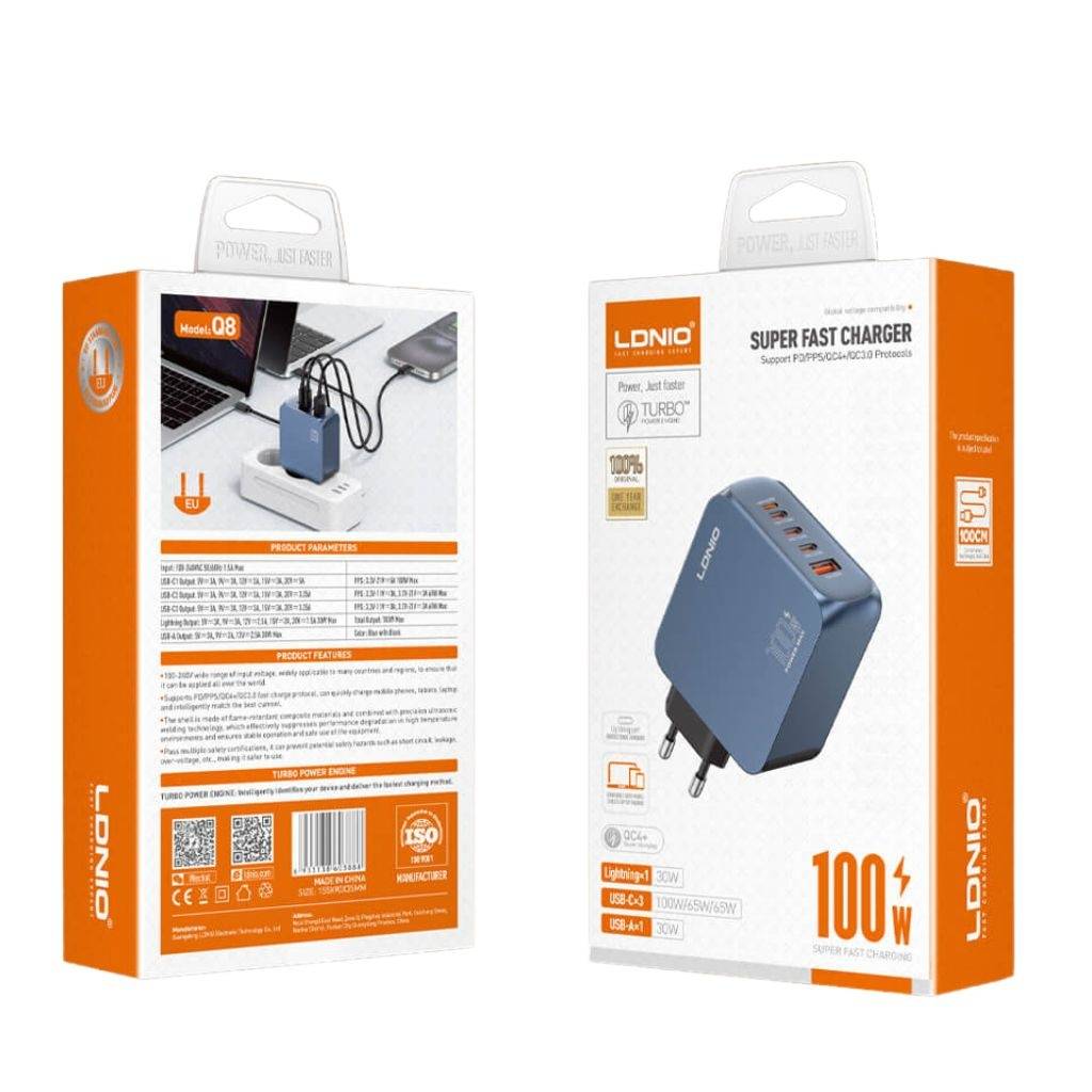 Cargador de Pared Q8 3 USB-C/1 Lightning / 1 USB-A USB C a USB C 100W ...